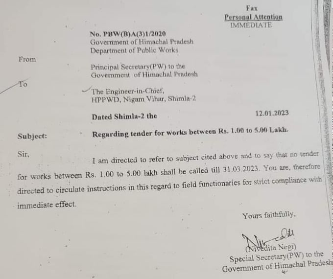 Pwd Himachal: No Tender For Works Between 1 To Five Lakhs Shall Be ...